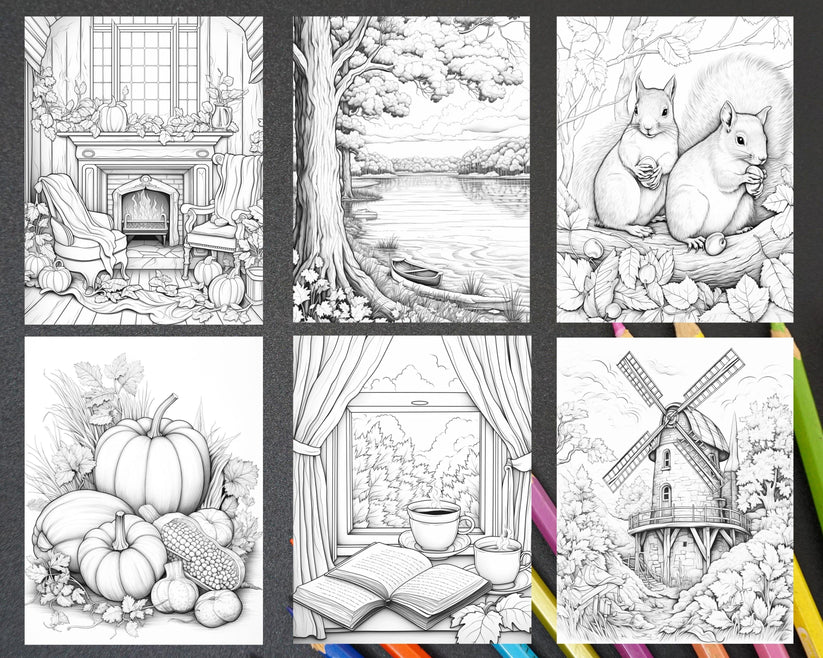 Autumn Vibes Grayscale Coloring Pages Printable for Adults, PDF File I