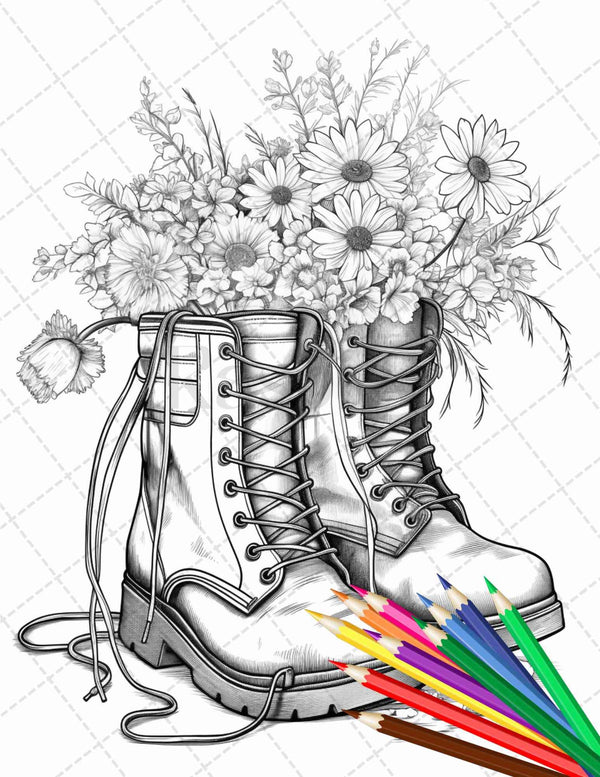 32 Flower Boots Coloring Pages Printable for Adults, Floral Grayscale