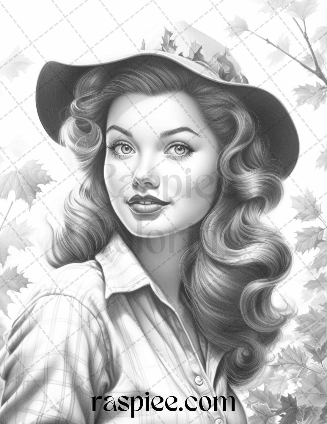 55 Autumn Pin Up Girls Grayscale Coloring Pages Printable for Adults,