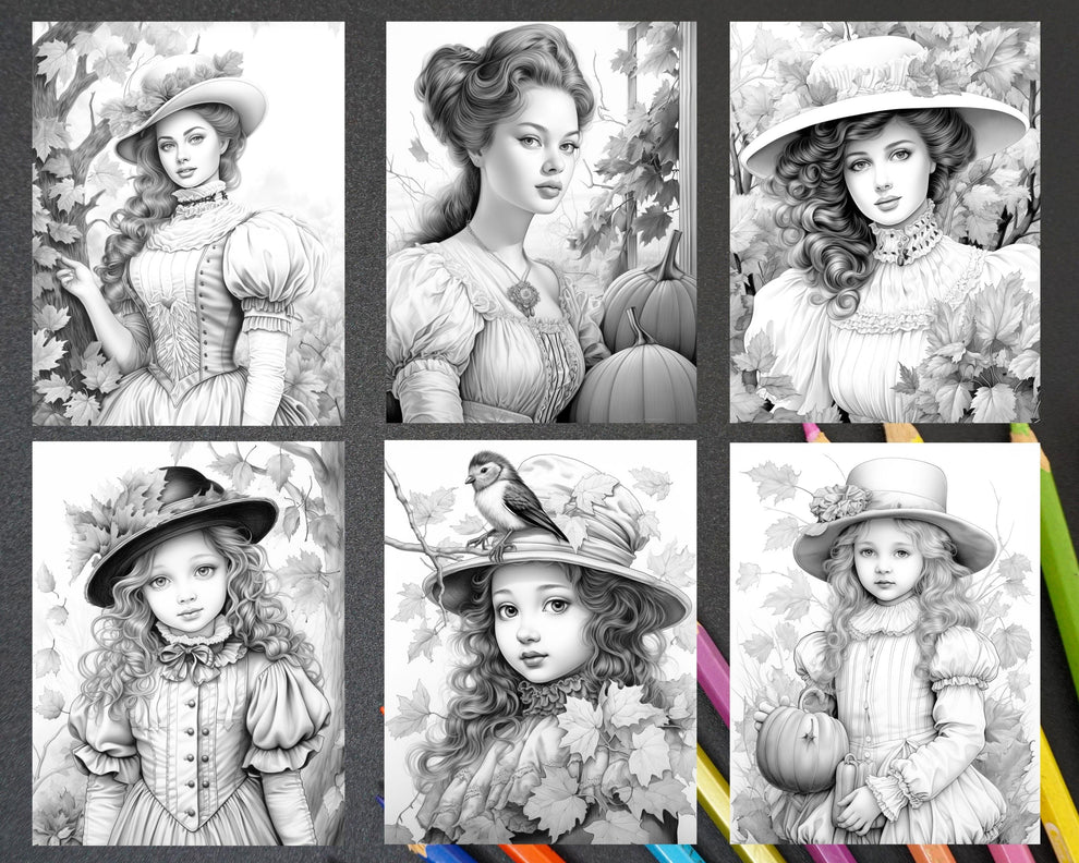 60 Victorian Autumn Portrait Grayscale Coloring Pages Printable for Ad