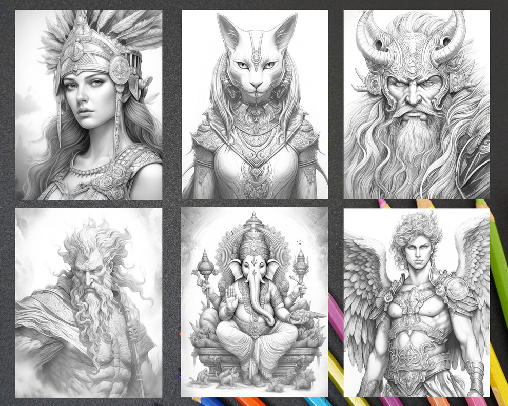 52 Mythology Gods Grayscale Coloring Pages for Adults, Printable PDF I