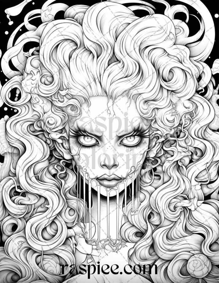 50 Spooky Miss Nightmare Grayscale Coloring Pages Printable for Adults