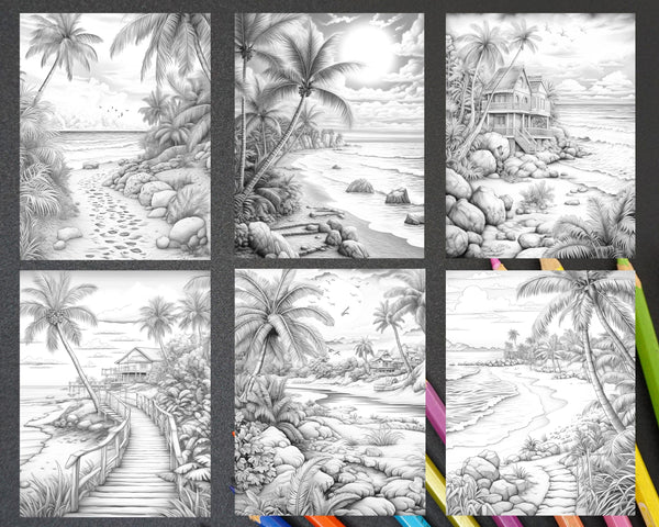 Beautiful Tropical Beach Grayscale Coloring Pages Printable for Adults