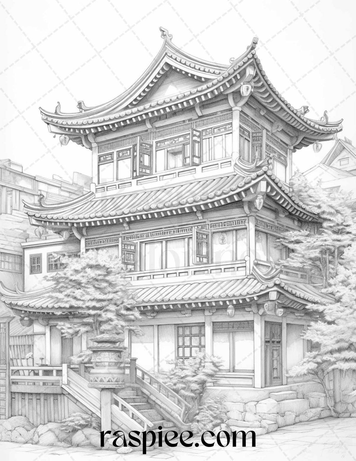 40 Traditional Chinese Houses Grayscale Coloring Pages Printable for A