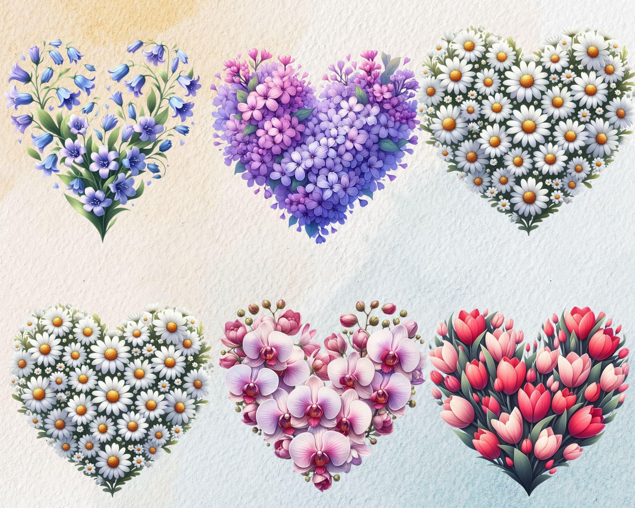 Romantic Heart-Shaped Flowers Clipart Bundle, 35 PNG High-Res Files fo ...