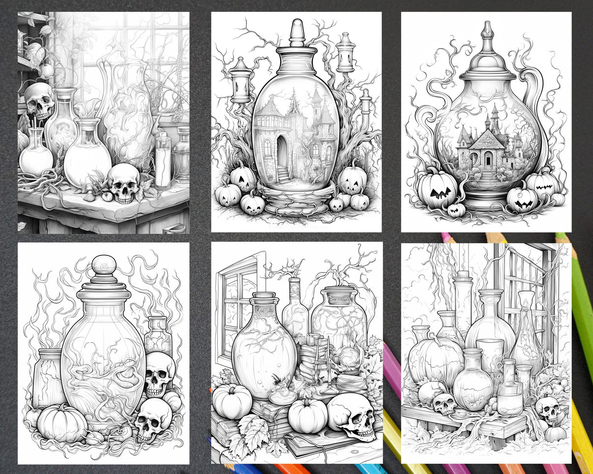 40 Mystical Magic Potions Grayscale Coloring Pages Printable for Adult