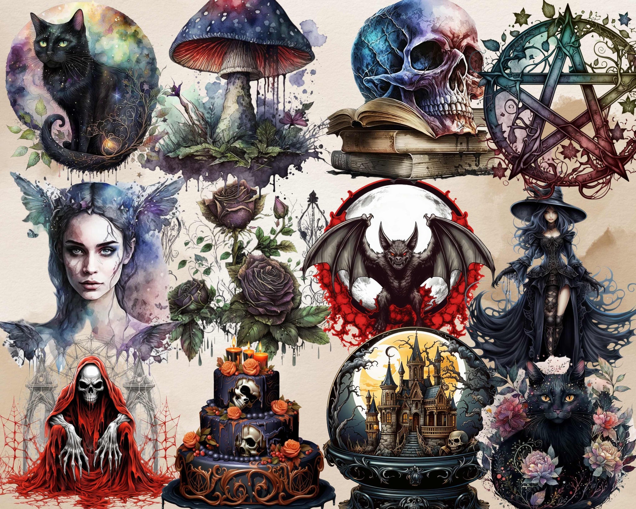 260+ PNG Watercolor Halloween Gothic Clipart Mega Bundle, Creepy Hallo ...