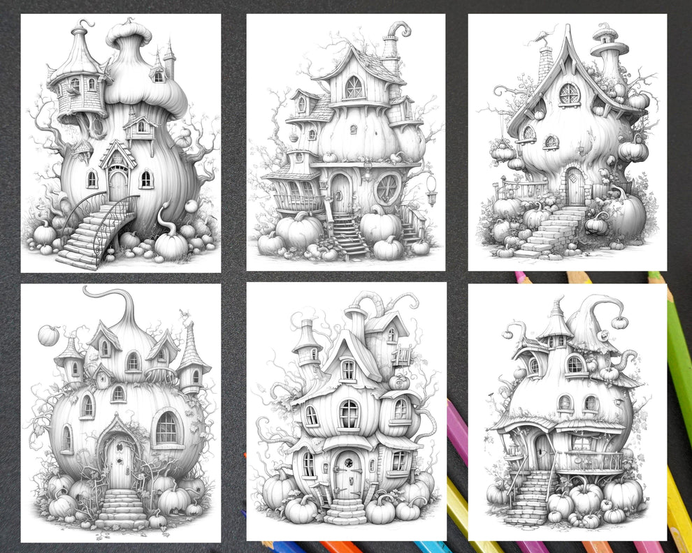 40 Pumpkin Fairy Houses Grayscale Coloring Pages Printable for Adults,