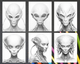 65 Alien Portrait Grayscale Coloring Pages for Adults, Printable PDF F ...