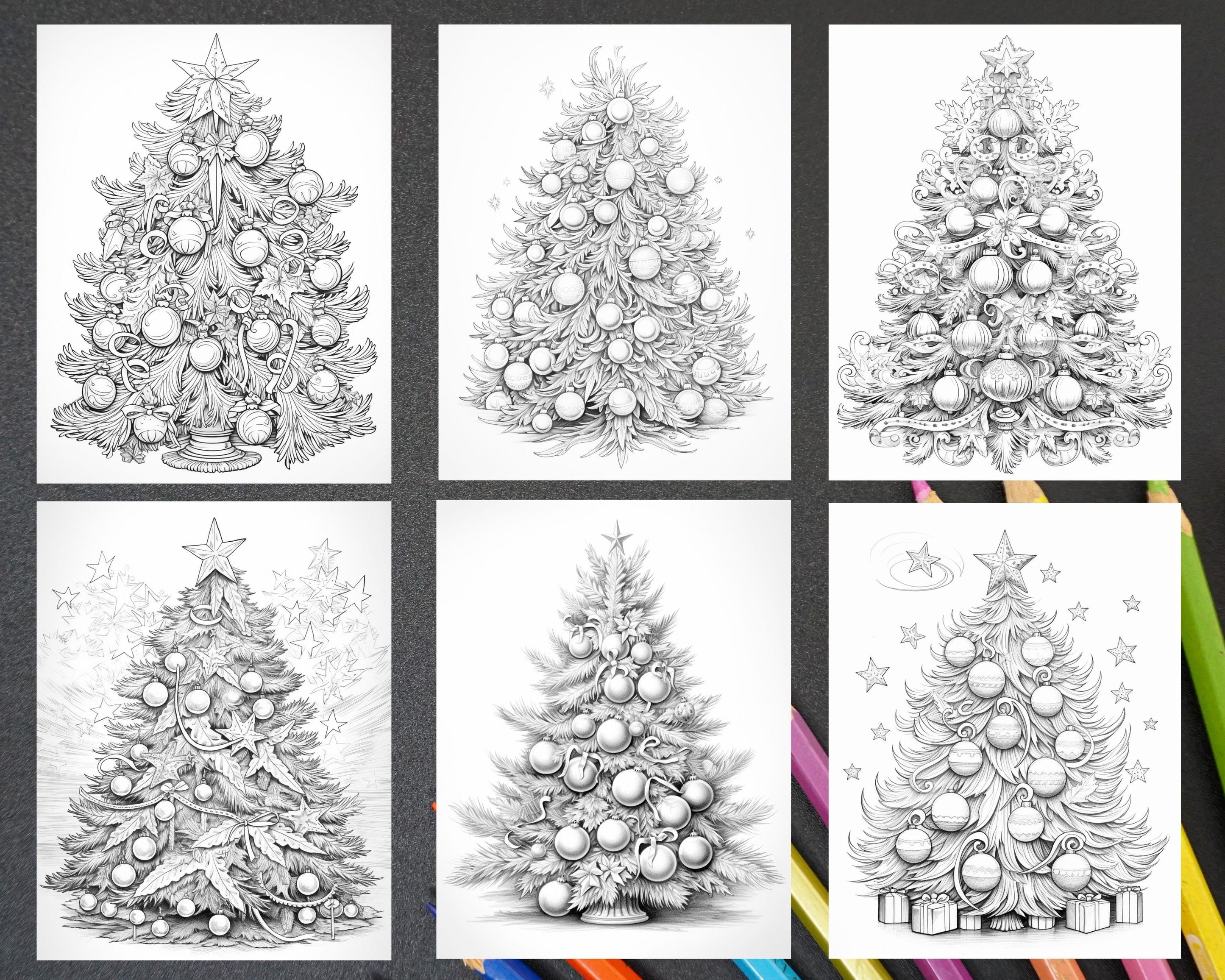 40 Christmas Tree Grayscale Coloring Pages for Adults, Printable PDF I ...