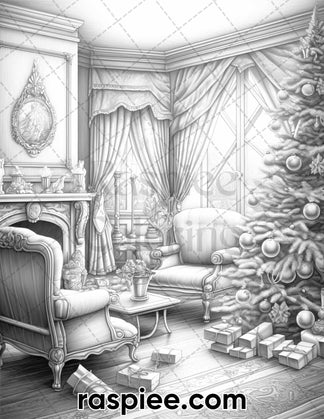 40 Christmas Interior Decorations Grayscale Coloring Pages for Adults ...