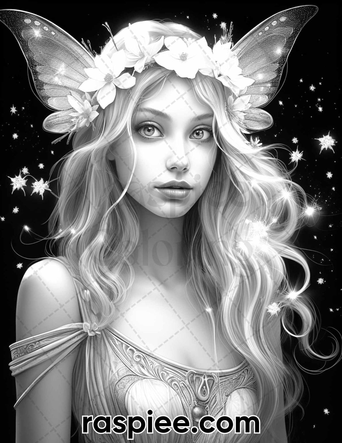 50 Starlight Fairy Grayscale Coloring Pages for Adults, Printable PDF
