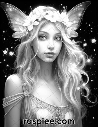 50 Starlight Fairy Grayscale Coloring Pages for Adults, Printable PDF ...