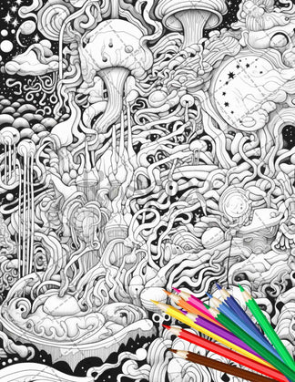 Psychedelic Trippy Coloring Book Printable for Adults, Grayscale Color ...
