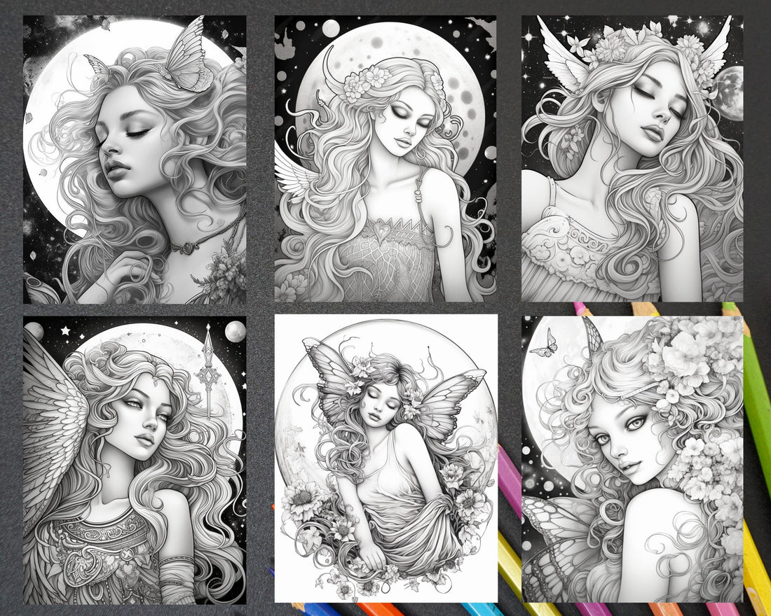 34 Beautiful Moon Fairies Grayscale Coloring Pages Printable for Adult