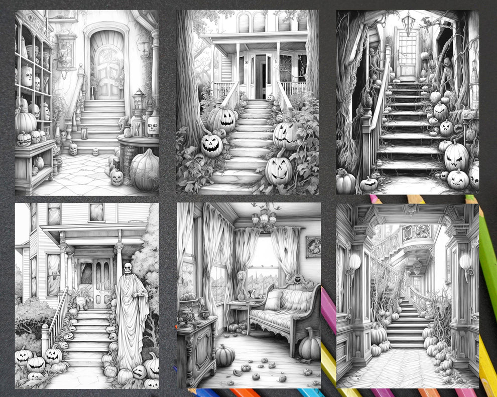 Spooky Halloween Home Decor: 40 Printable Grayscale Coloring Pages for
