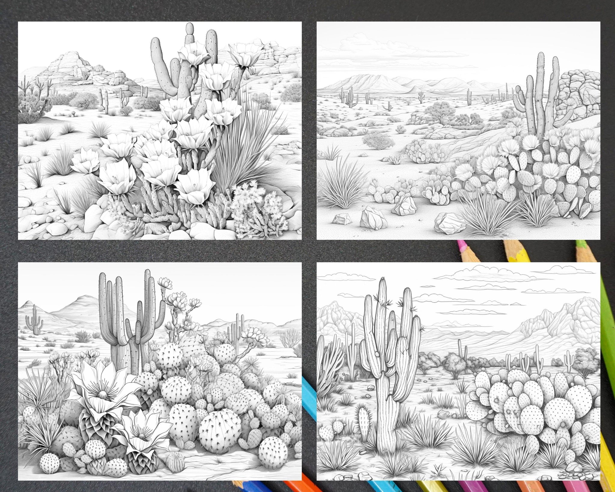 60 Desert Blooms Landscapes Grayscale Adult Coloring Pages, Printable ...