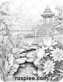 60 Zen Garden Flowers Grayscale Coloring Pages for Adults, Printable P ...