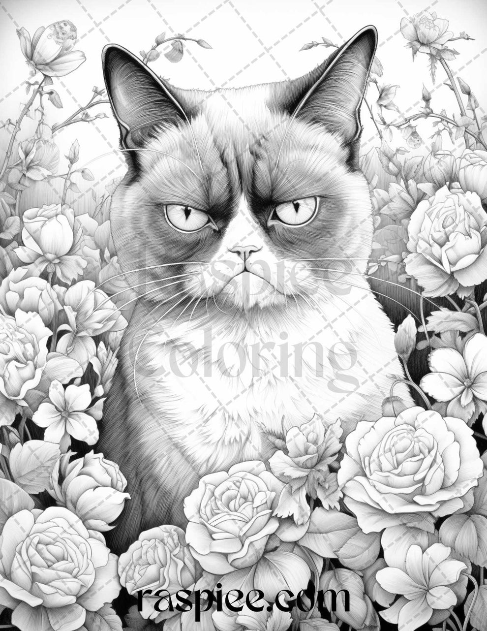 50 Grumpy Cat Grayscale Coloring Pages Printable for Adults, PDF File