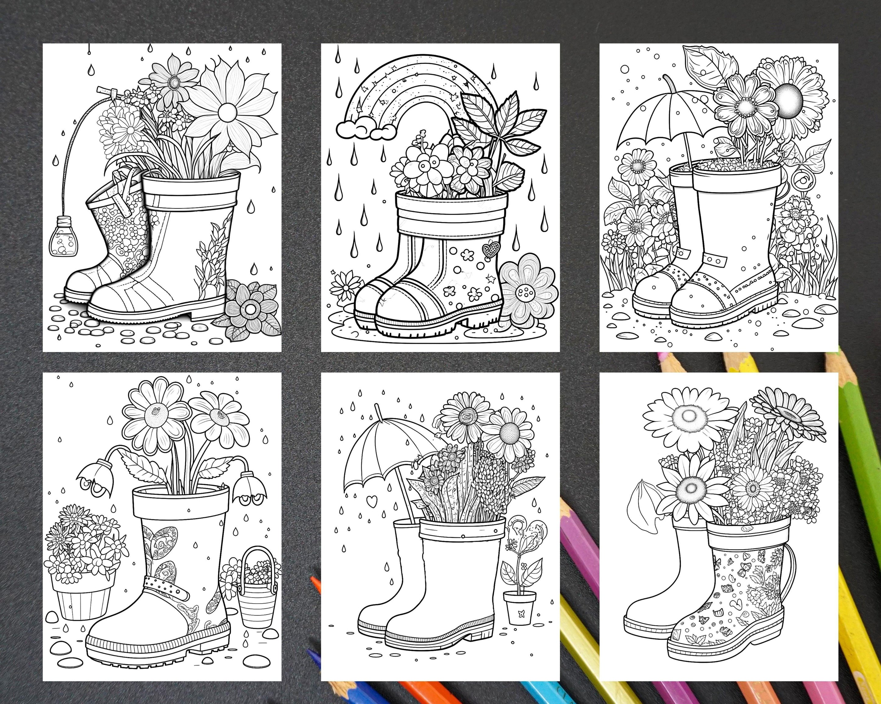 50 Printable Flower Rainboot Coloring Pages for Adults, Floral Graysca ...