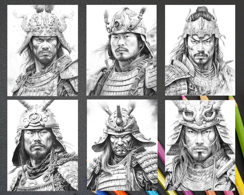 42 Japanese Samurai Grayscale Coloring Pages for Adults, Printable PDF