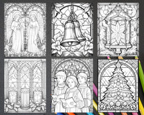 50 Christmas Stained Glass Grayscale Coloring Pages for Adults, Printa ...