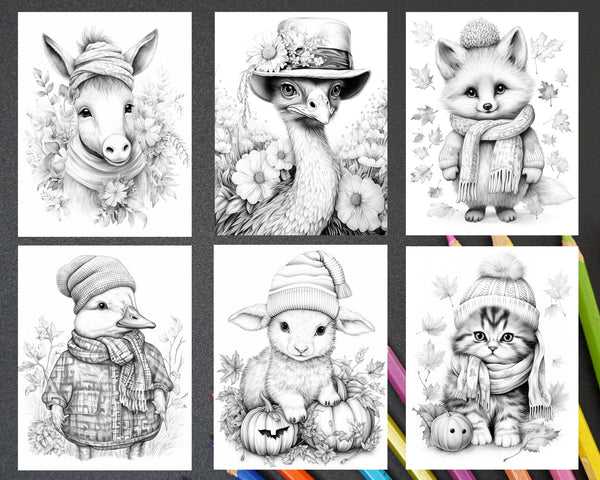 40 Cute Fall Animals Grayscale Coloring Pages Printable for Adults and