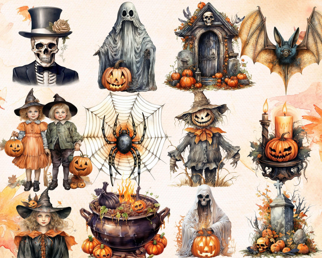 270+ PNG Watercolor Vintage Halloween Clipart Mega Bundle, Happy Hallo