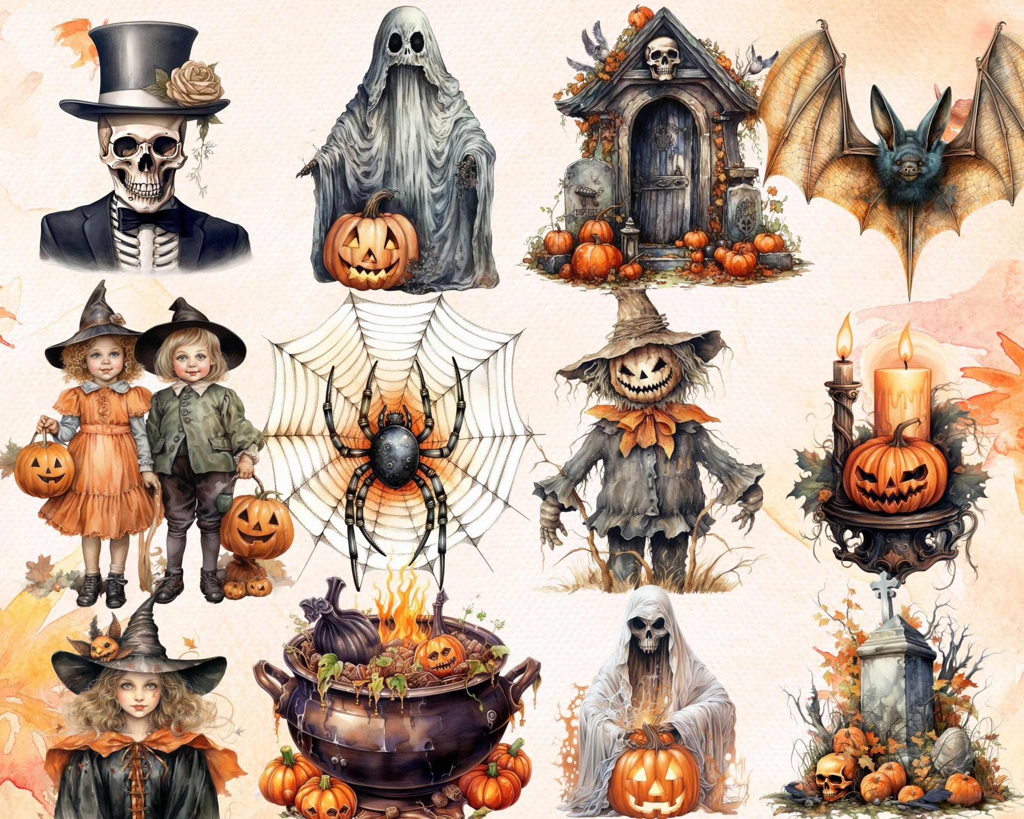270+ PNG Watercolor Vintage Halloween Clipart Mega Bundle, Happy Hallo ...