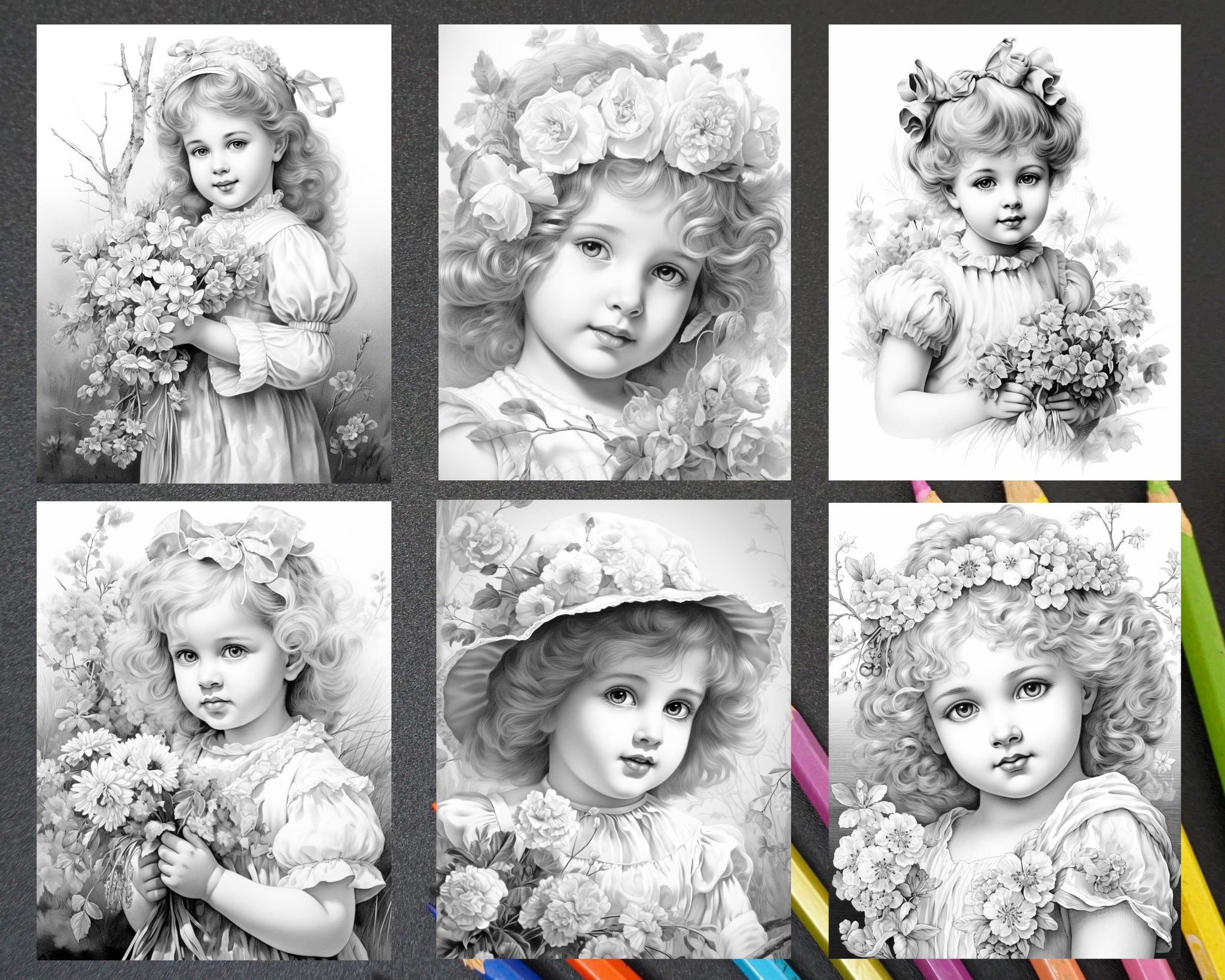 60 Spring Vintage Girls Grayscale Adult Coloring Pages, Printable PDF ...