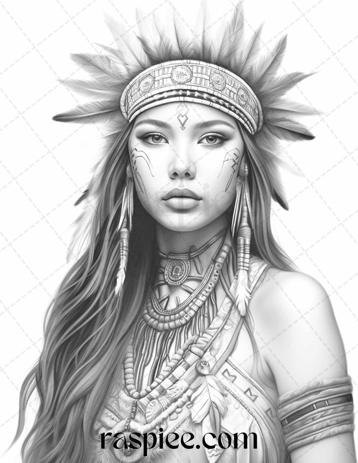 Native American Portrait Grayscale Coloring Pages Printable for Adults