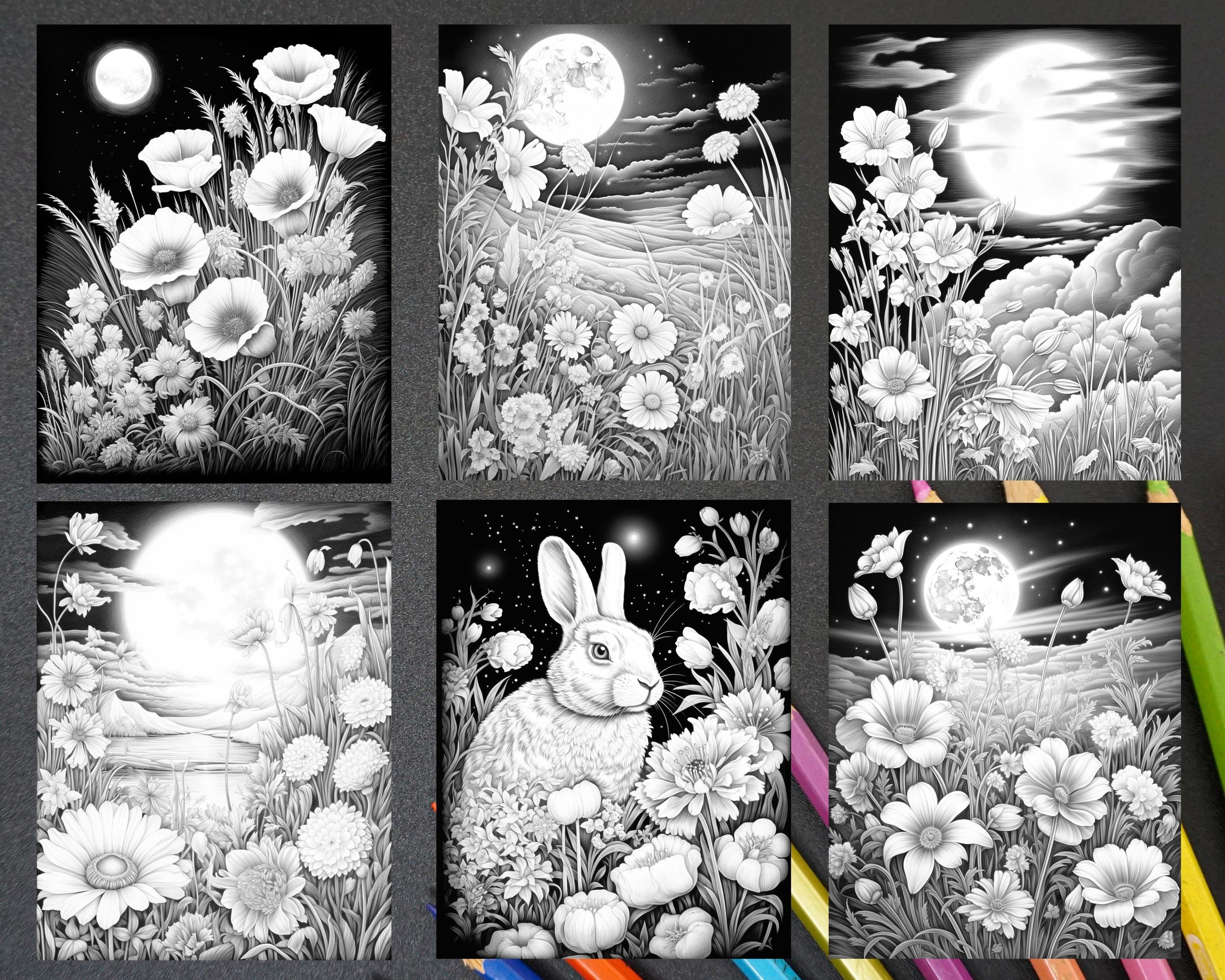 50 Flowers Under Moonlight Grayscale Coloring Pages for Adults, Printa ...