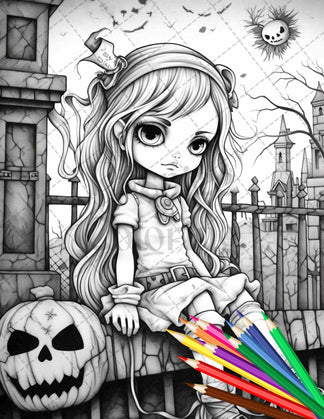 50 Ghoulish Girls Grayscale Coloring Pages Printable for Adults, PDF F ...