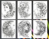 60 Boho Moon Floral Grayscale Adult Coloring Pages Printable PDF Insta ...