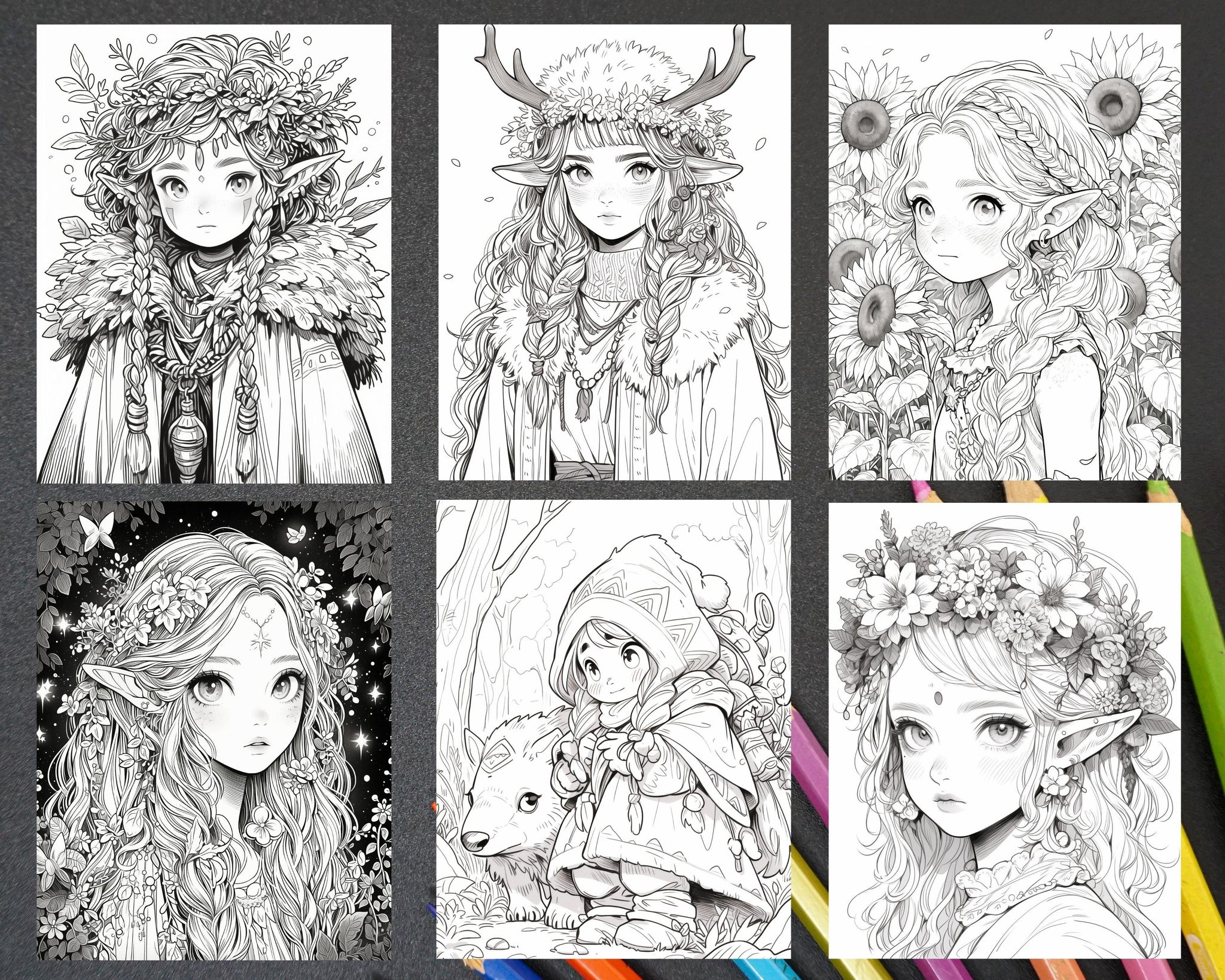 52 Cute Druid Girl Grayscale Coloring Pages for Adults, Printable PDF ...