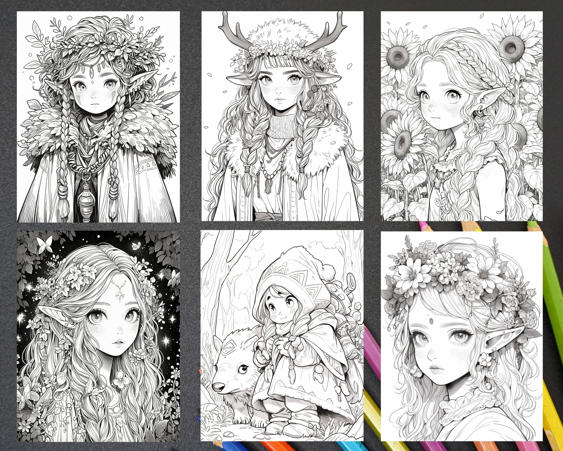 52 Cute Druid Girl Grayscale Coloring Pages for Adults, Printable PDF ...