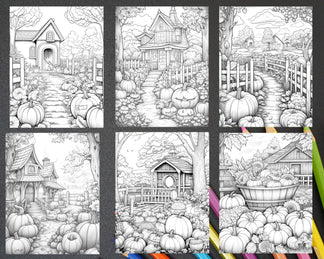 Pumpkin Garden Scenery Grayscale Coloring Pages Printable for Adults ...