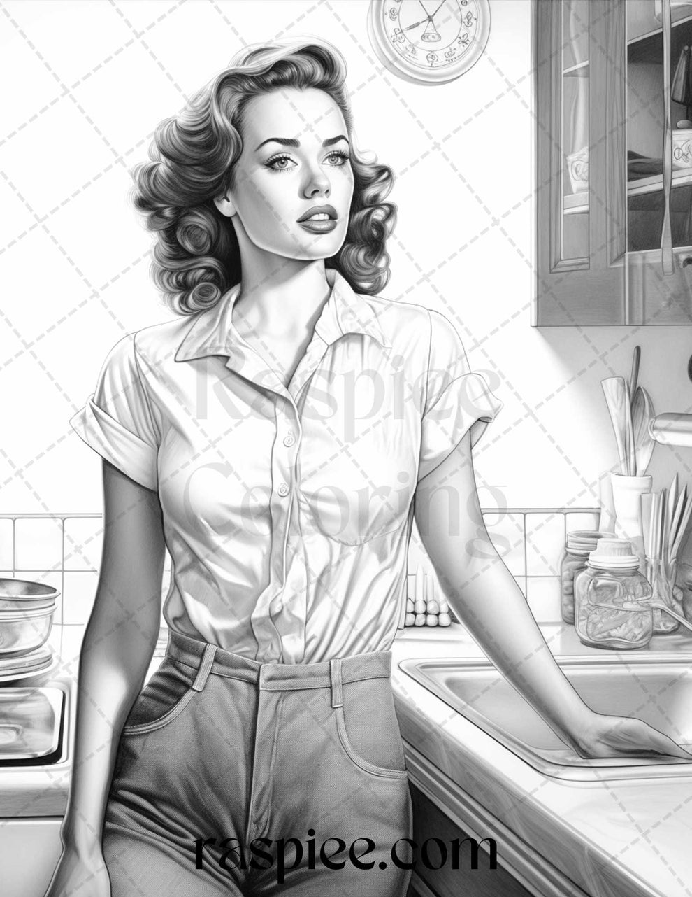 40 Retro Housewives Grayscale Coloring Pages for Adults, Printable PDF