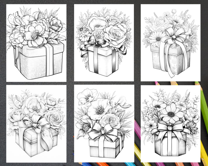40 Flower Gift Box Grayscale Coloring Pages Printable for Adults Kids,