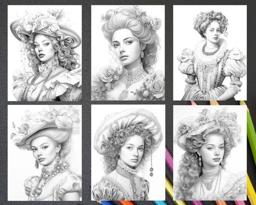 40 Baroque Women Portrait Grayscale Adult Coloring Pages Printable, PD