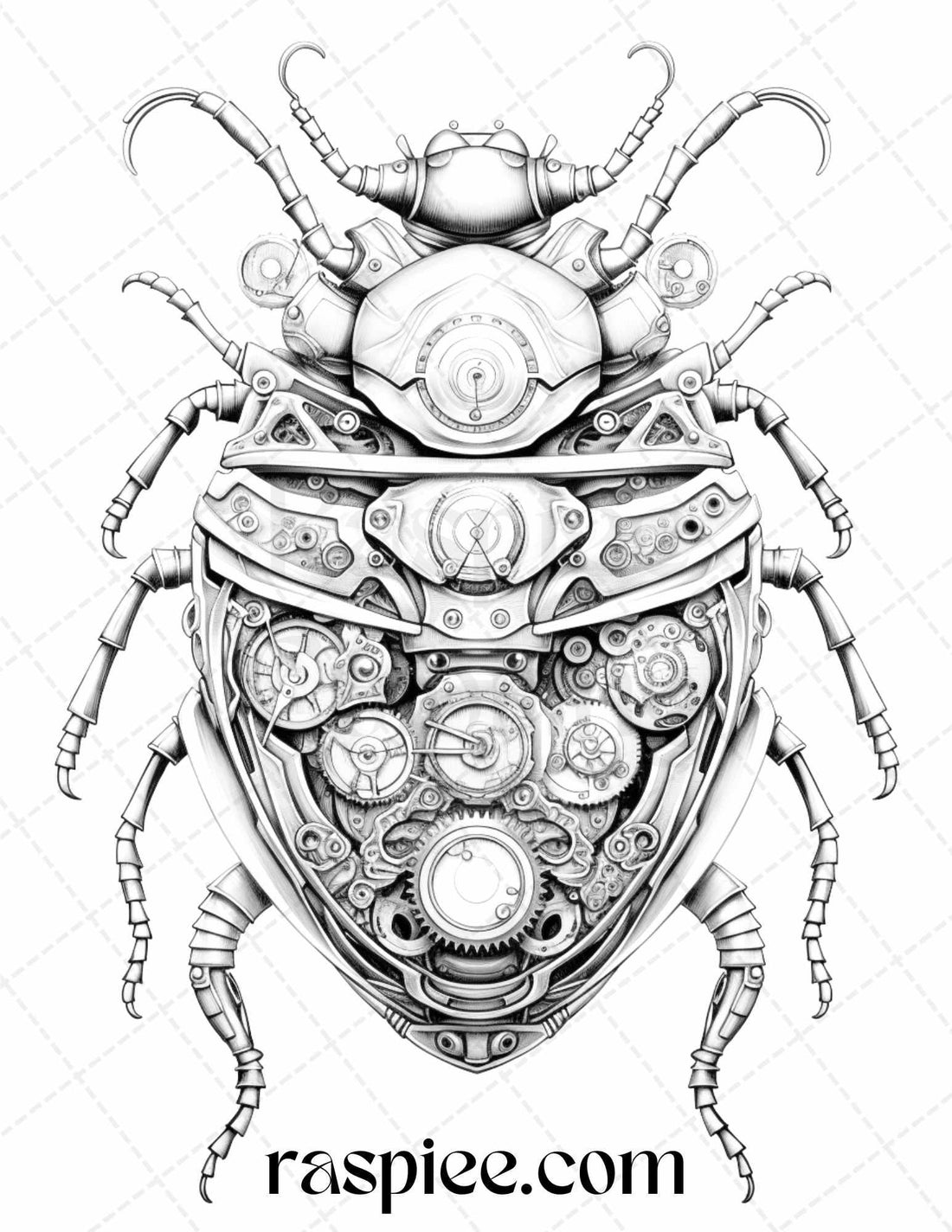42 Steampunk Bugs Grayscale Coloring Pages Printable for Adults, PDF F