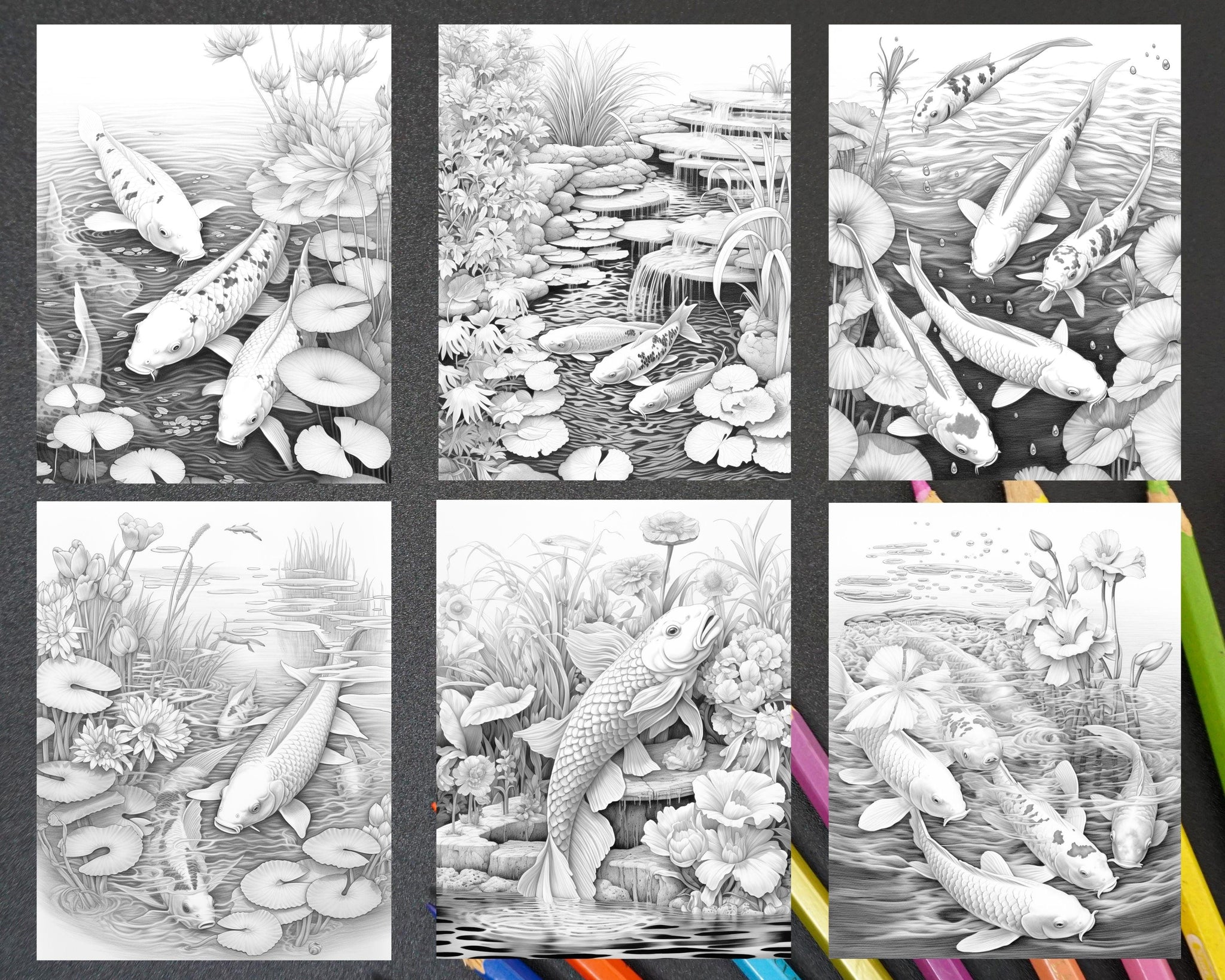 40 Tranquil Koi Pond Grayscale Adult Coloring Pages, Printable PDF Ins ...