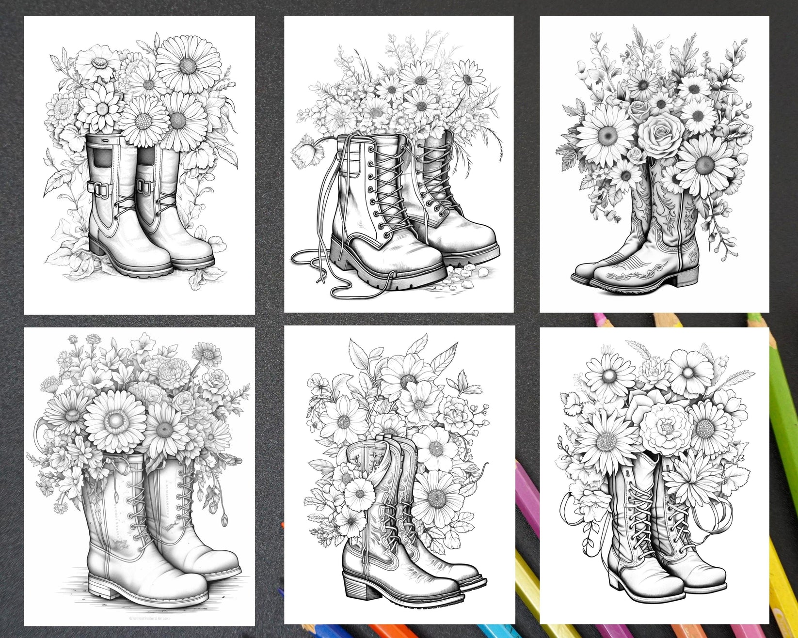 32 Flower Boots Coloring Pages Printable for Adults, Floral Grayscale