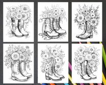 32 Flower Boots Coloring Pages Printable for Adults, Floral Grayscale ...