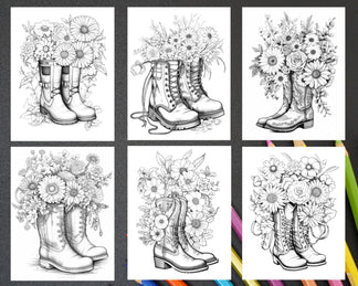 32 Flower Boots Coloring Pages Printable for Adults, Floral Grayscale ...