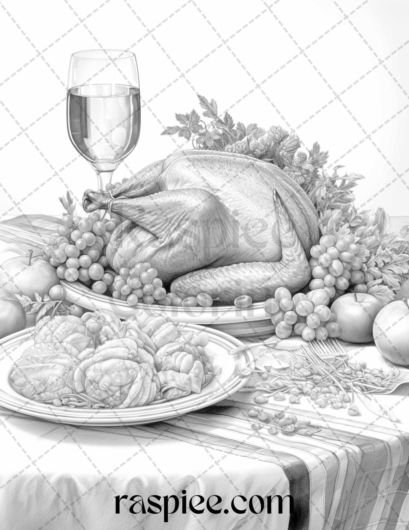 Thanksgiving Dinner Grayscale Coloring Pages for Adults, Relaxing Fall