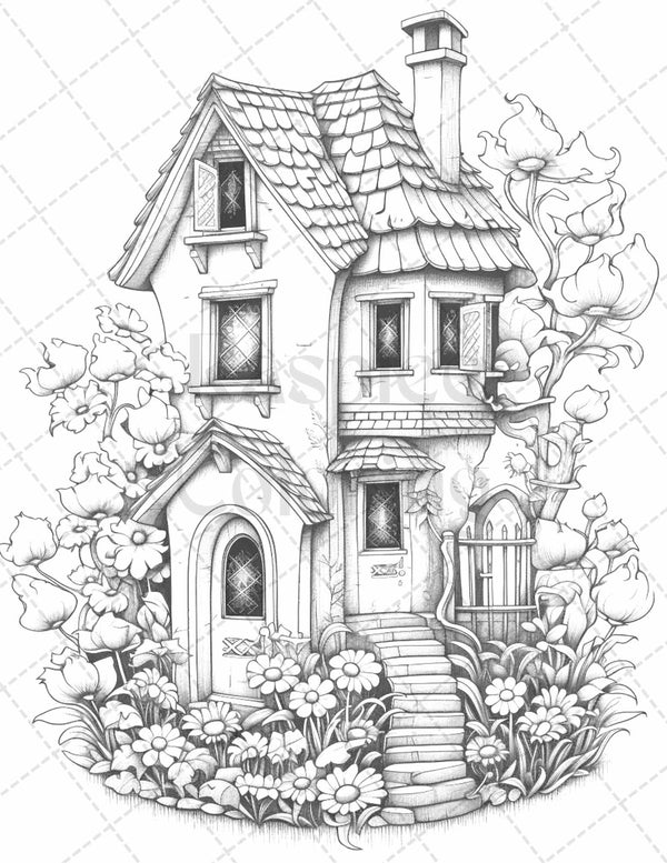 60 Flower Houses Grayscale Coloring Pages Printable for Adults, PDF Fi