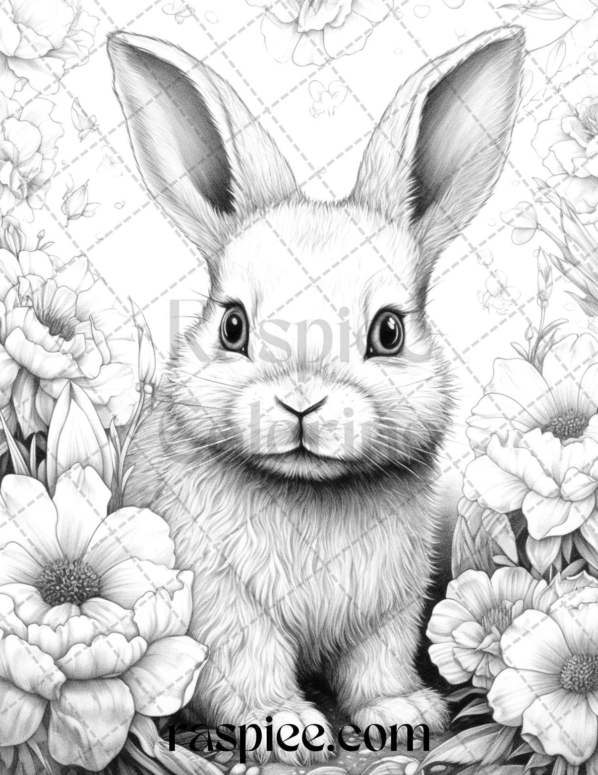 50 Rabbit Garden Grayscale Coloring Pages Printable for Adults, PDF Fi