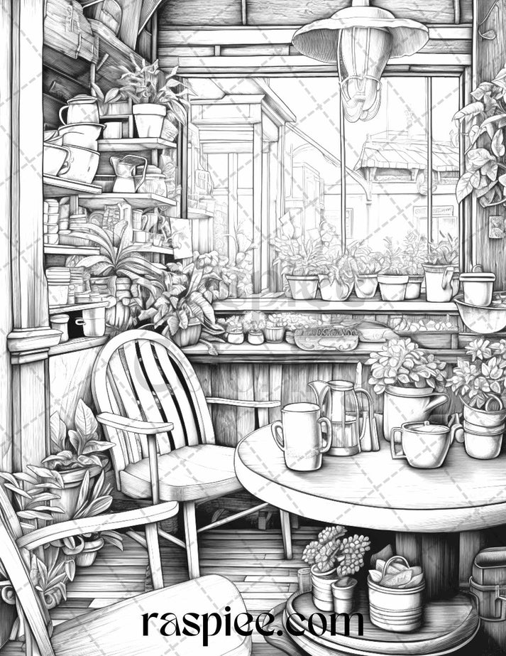 50 Cozy Coffee Shop Grayscale Coloring Pages Printable for Adults, PDF