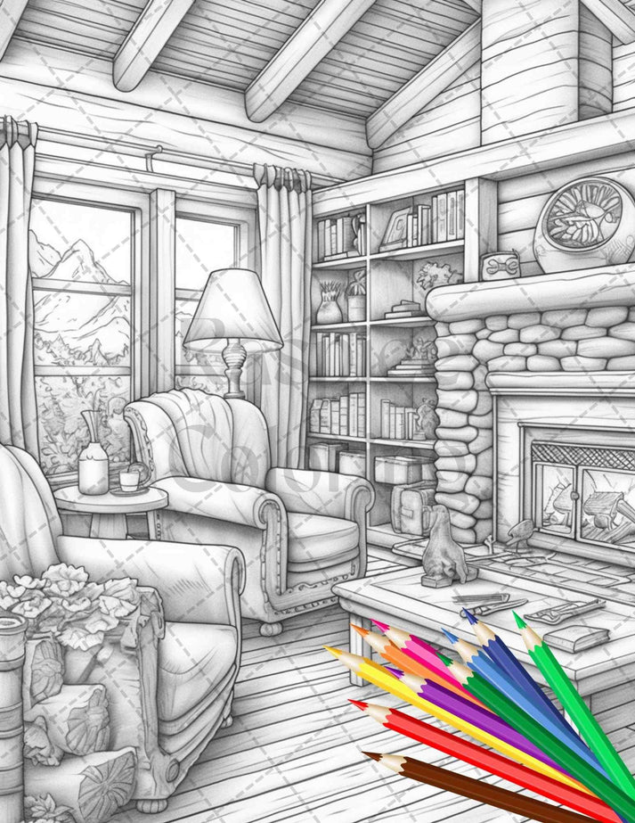 Cozy Cabin Interior Grayscale Coloring Pages Printable for Adults, PDF
